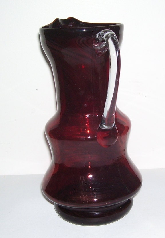 Hand Blown Ruby Red Glass Pitcher, Clear Handle, 32 Oz - Etsy
