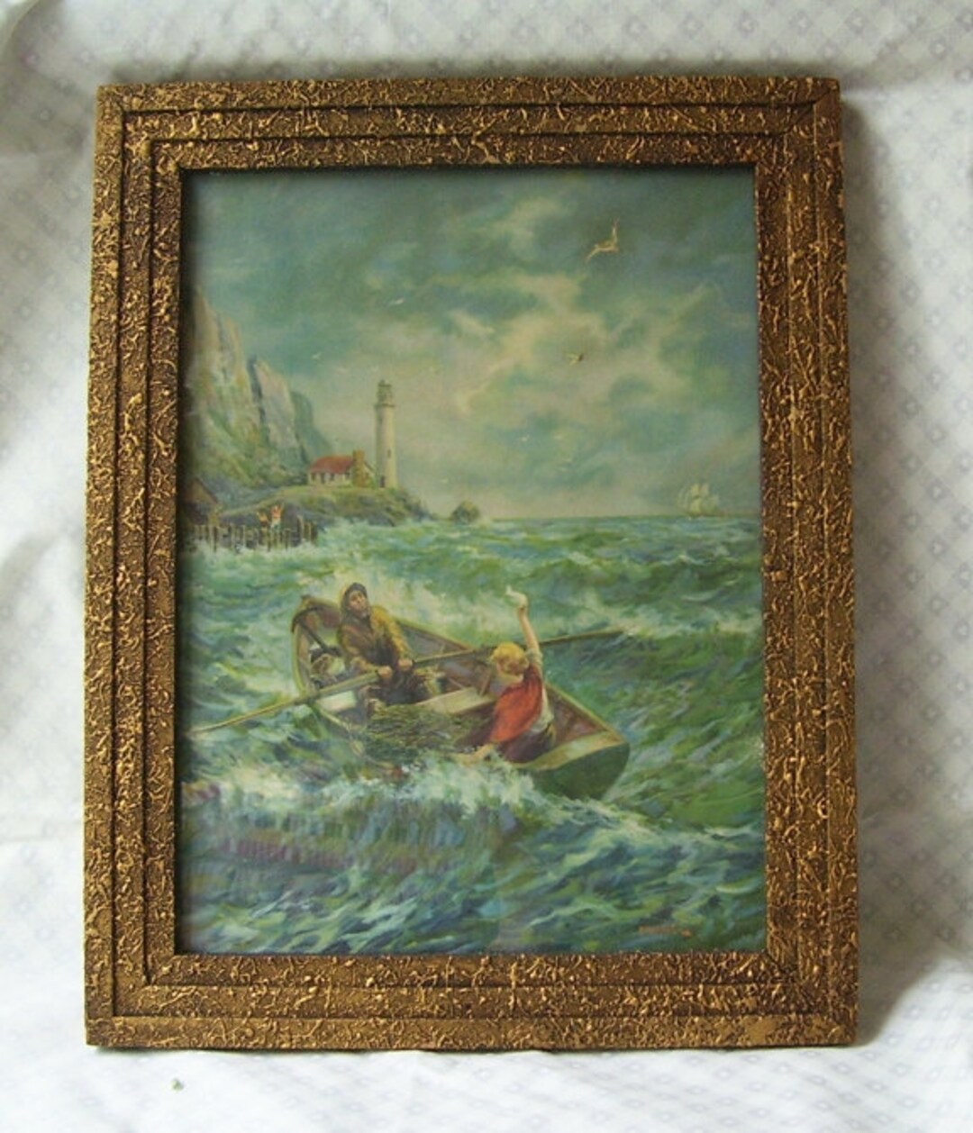 F. R. Harper Rowboat With Fisherman and Boy Waving Goodby, Light House ...