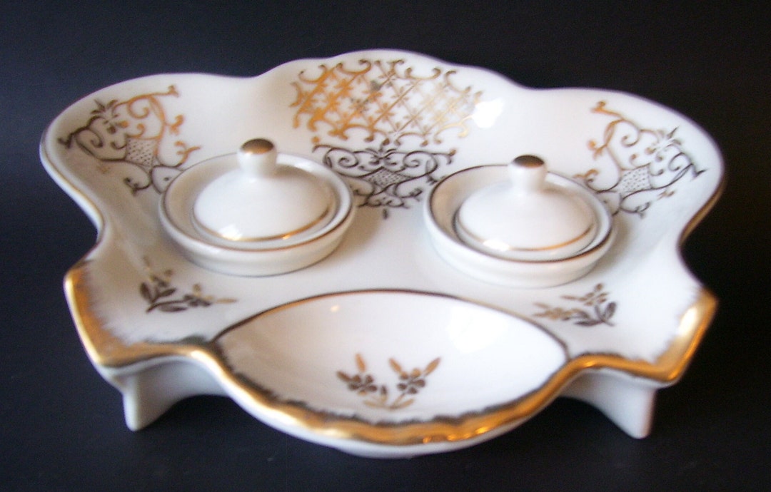 Salt Dips in White Tray With Gold Trim - Two Small Round Lidded Salt ...