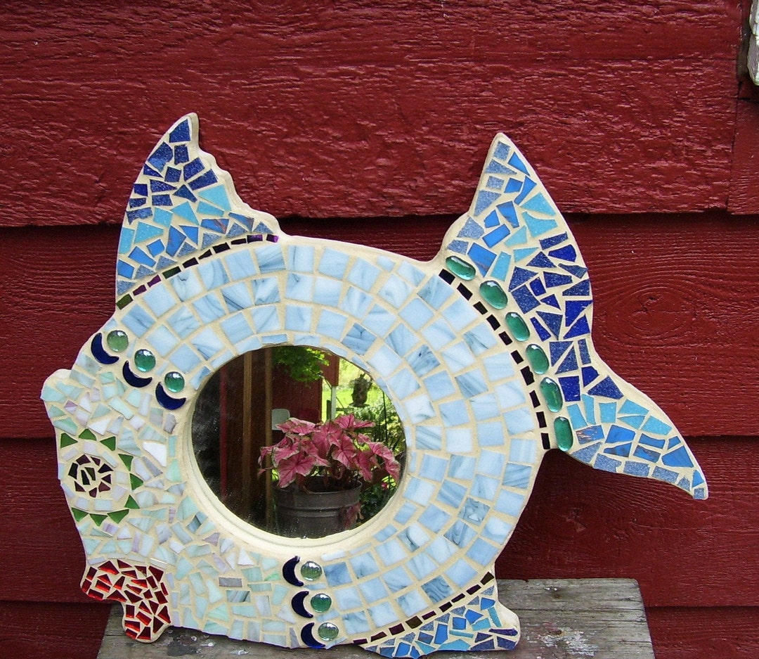 Nautical Beach Hanging Fish Mirror With Colorful Blue Glass - Plaster ...