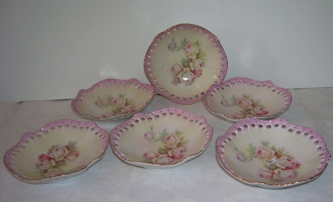 6 German Small Rose Pink and White Saucers, Reticulated Ruffled Edge ...