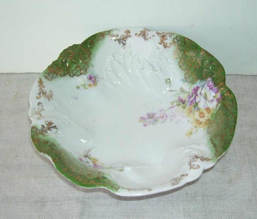 Welmar German Porcelain Serving Dish, Green With Pink Flowers Gold ...