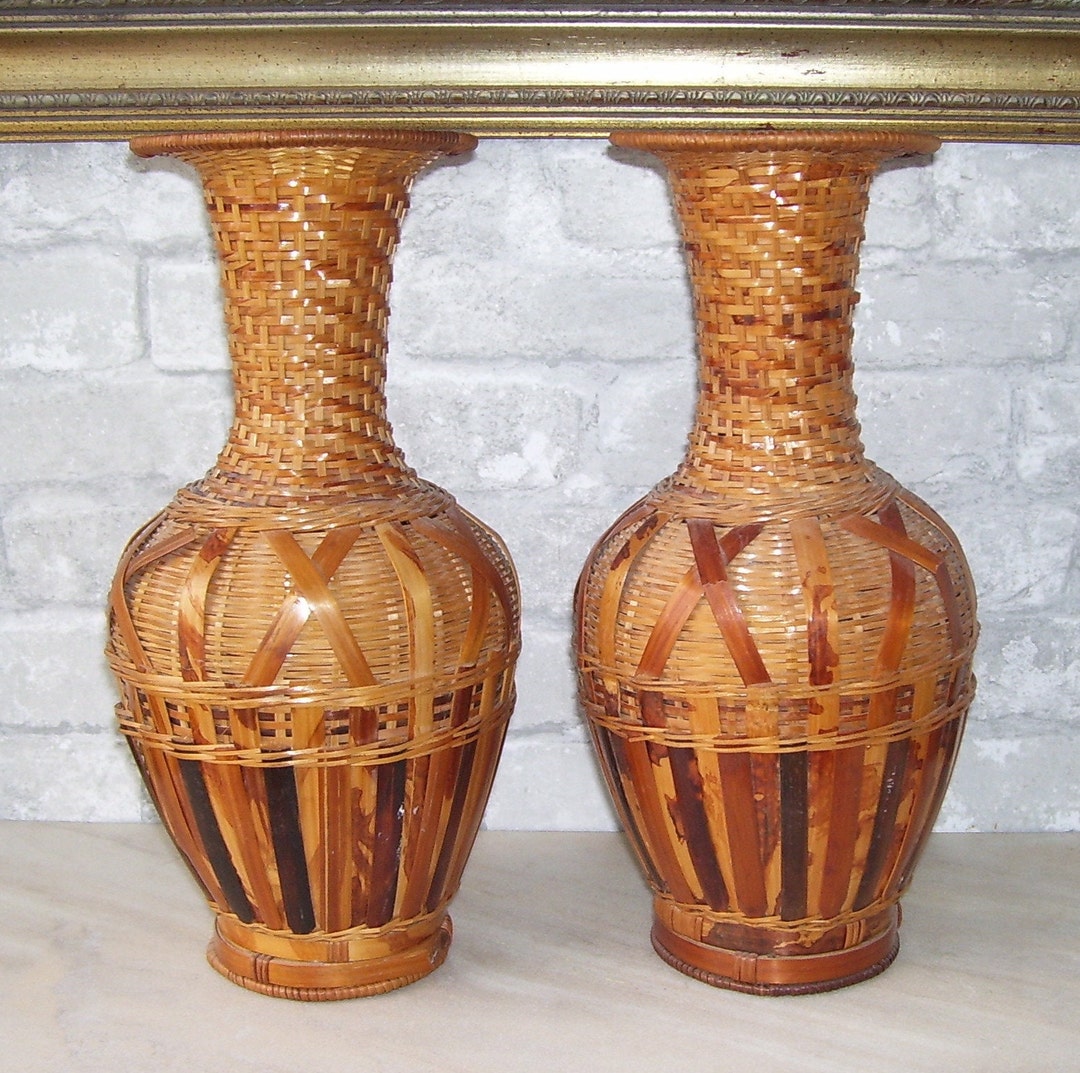 Pair Rattan Woven Wicker Vases / Tall Vases/ Boho Bvase. Housewares ...