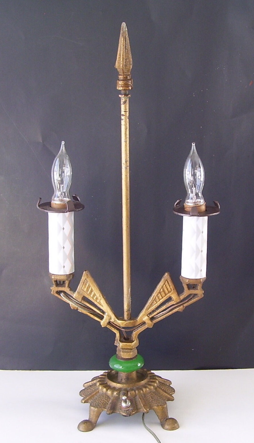 Antique Ornate Art Deco Bronze Electric Table Lamp - Green Glass - Cast ...