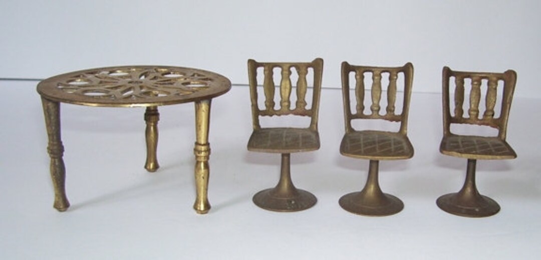 Miniature 4 Pc Doll Table 3 Chairs, Doll House Decor, Brass Chairs ...