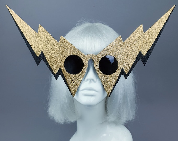 Gold & Black Lightening Bolt Glitter Sunglasses, Statement, Large ...