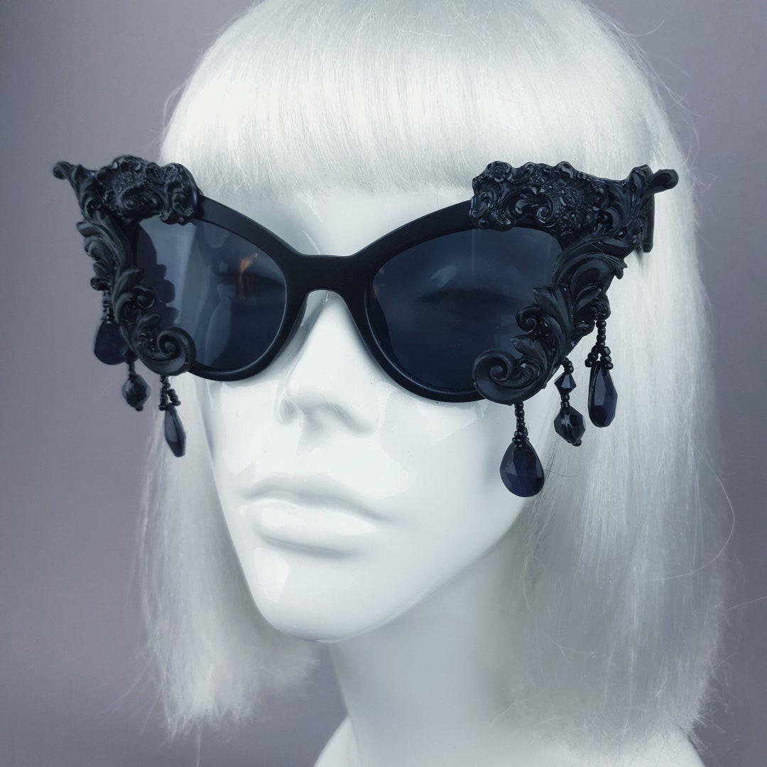 Black Filigree Beading Catseye Sunglasses, Baroque, Statement, Rococo ...