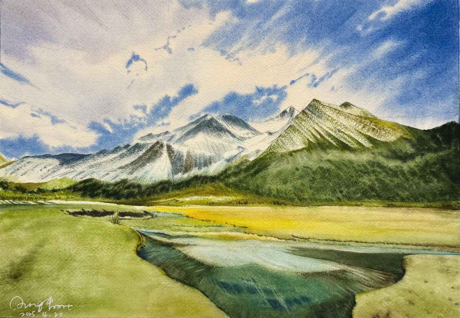 Original Alpine Watercolor Painting | Hand-painted Snowy Mountain ...