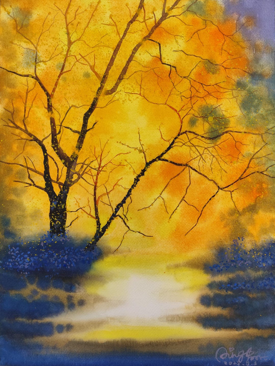 Hand-drawn Withered Tree Watercolor Art – Rosy Dusk Glow Painting ...