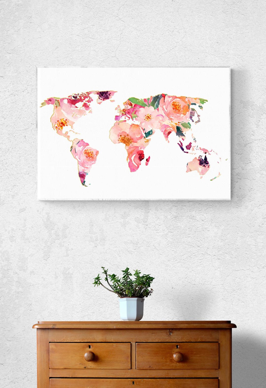 World Map Art Print, Floral World Map Art Print, Office Wall Art ...