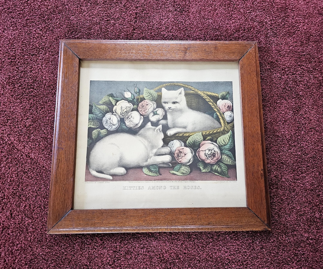 Antique Currier & Ives Lithograph “kitties Among the Roses" Framed Cat ...