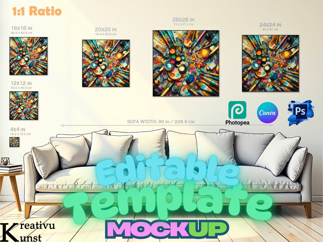 Wall Art Size Guide 1:1 Aspect Ratio / Frame Size Guide / Editable in ...
