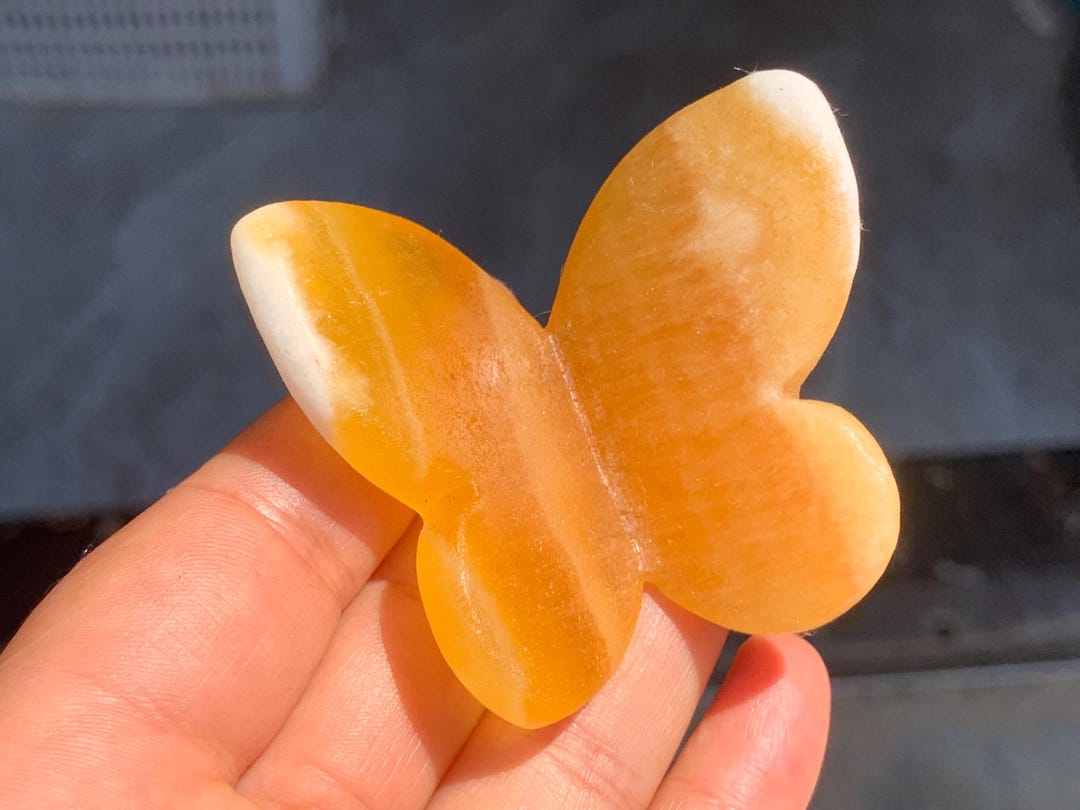 Yellow Calcite Crystal Butterfly Skull: Hand Carved Quartz, Home Decor ...