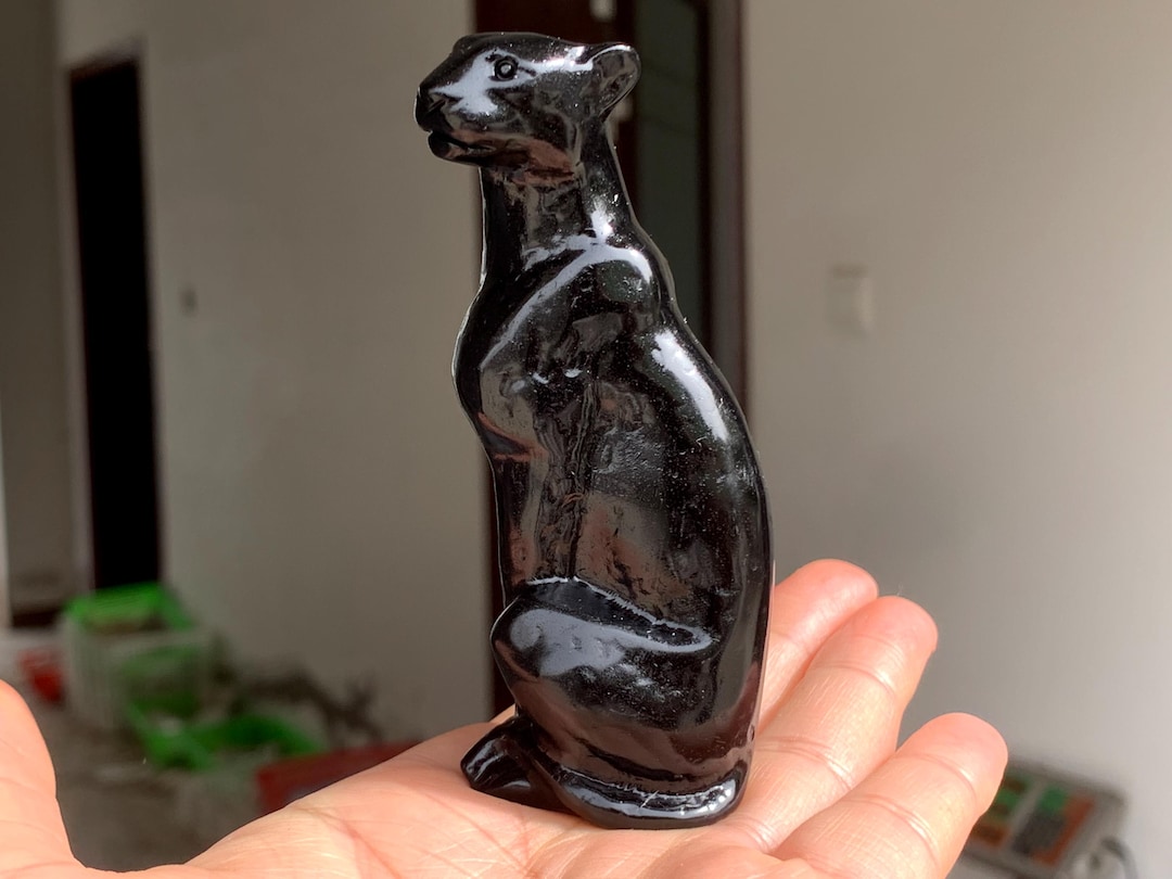 Hand Carved Obsidian Leopard: Natural Quartz Crystal Sculpture (3.9 ...