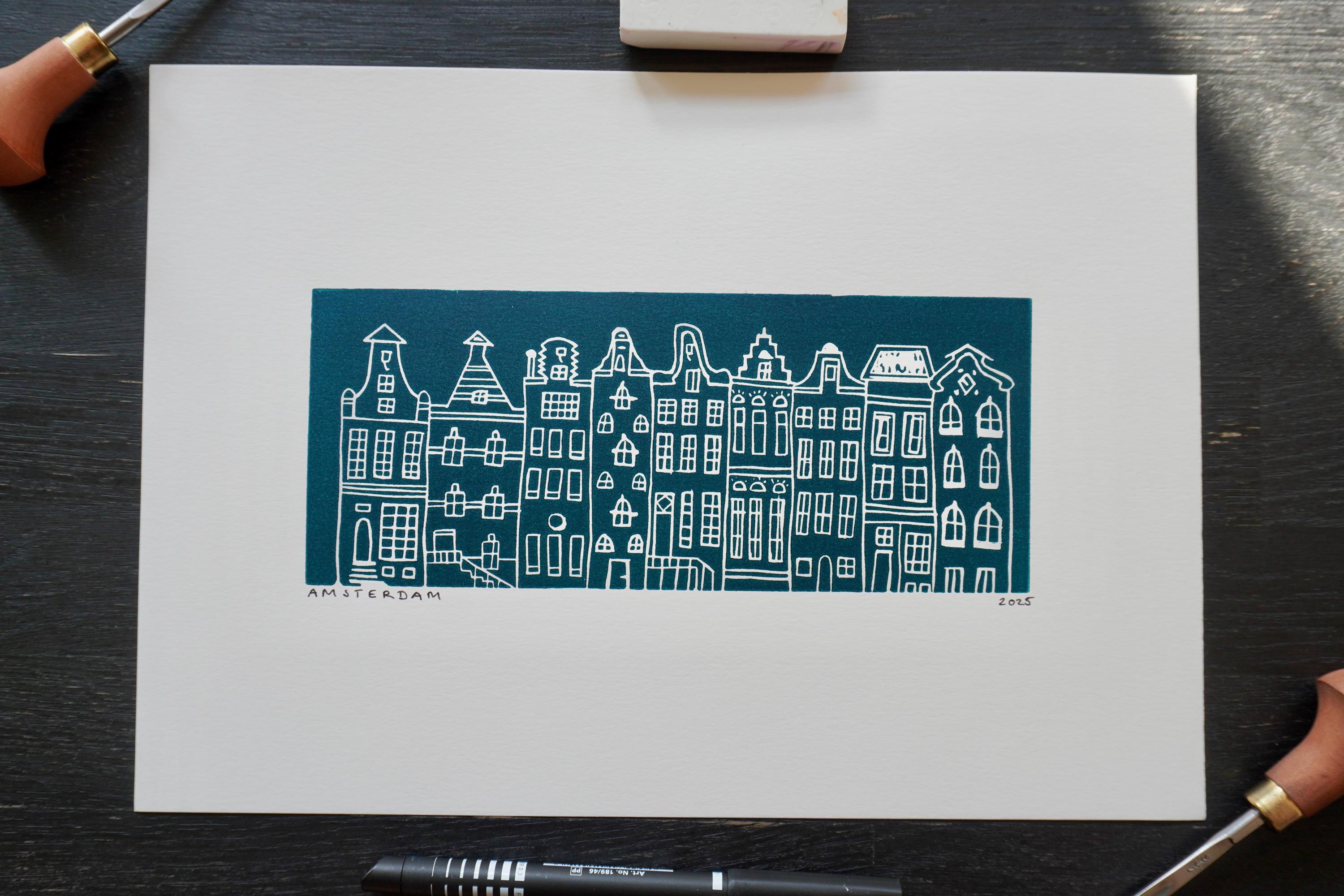 Amsterdam Canal-houses Linocut Print | Handmade Teal Block Print ...
