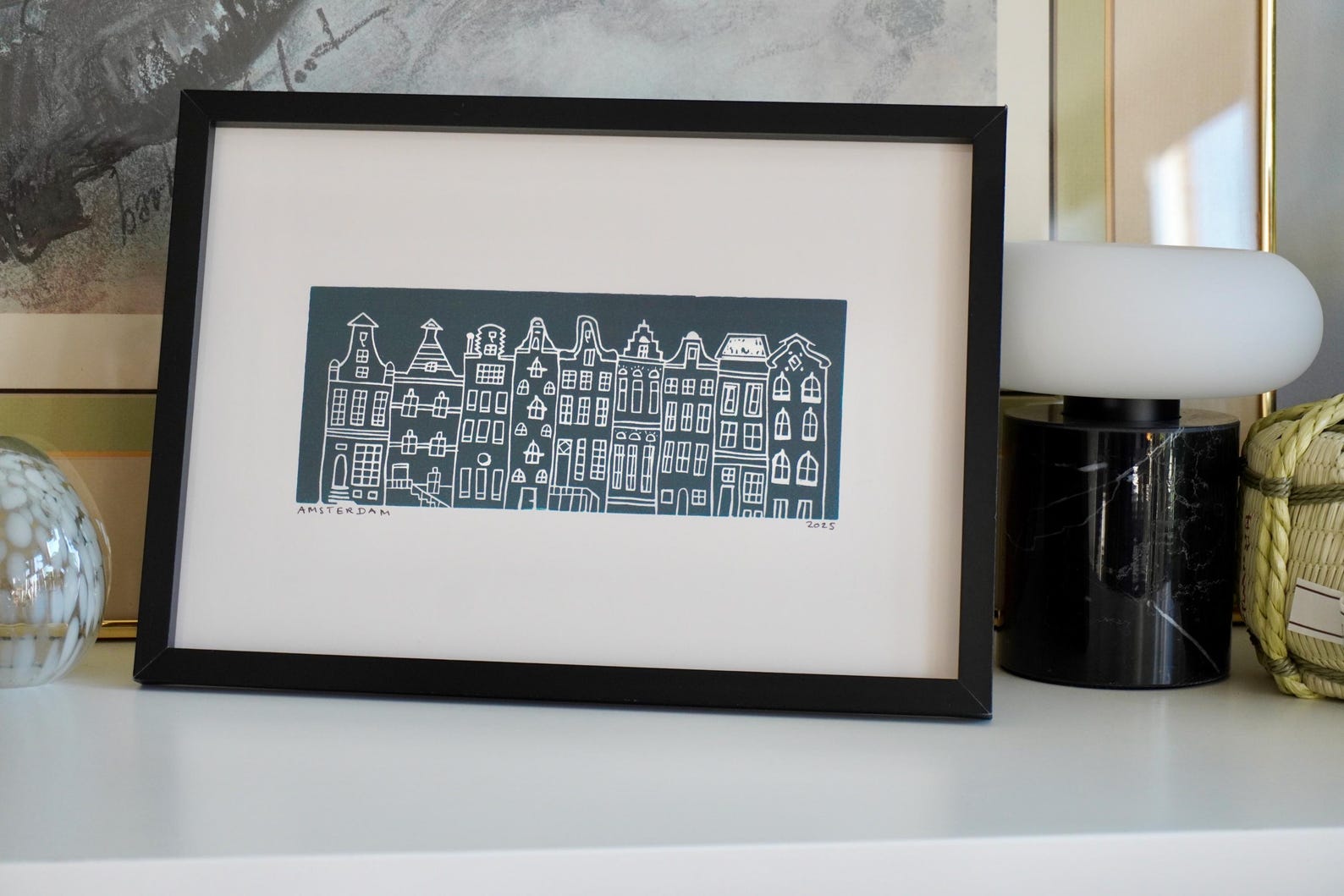 Amsterdam Canal-houses Linocut Print | Handmade Teal Block Print ...