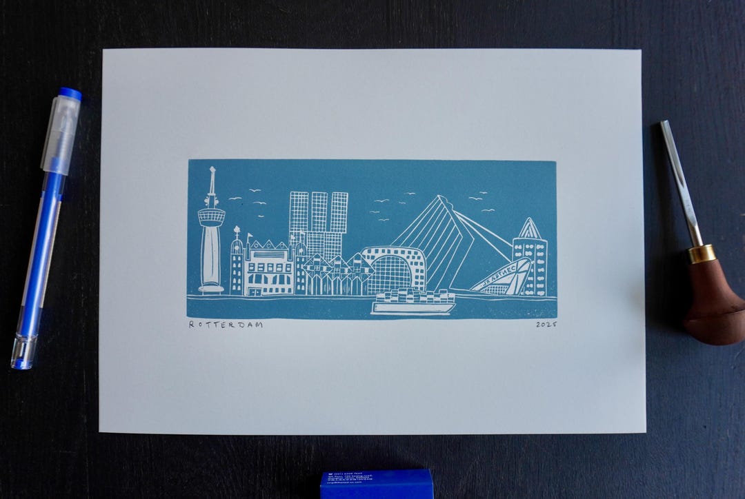 Rotterdam Skyline Linoprint | Linocut Block Print | Rotterdam Cityscape ...