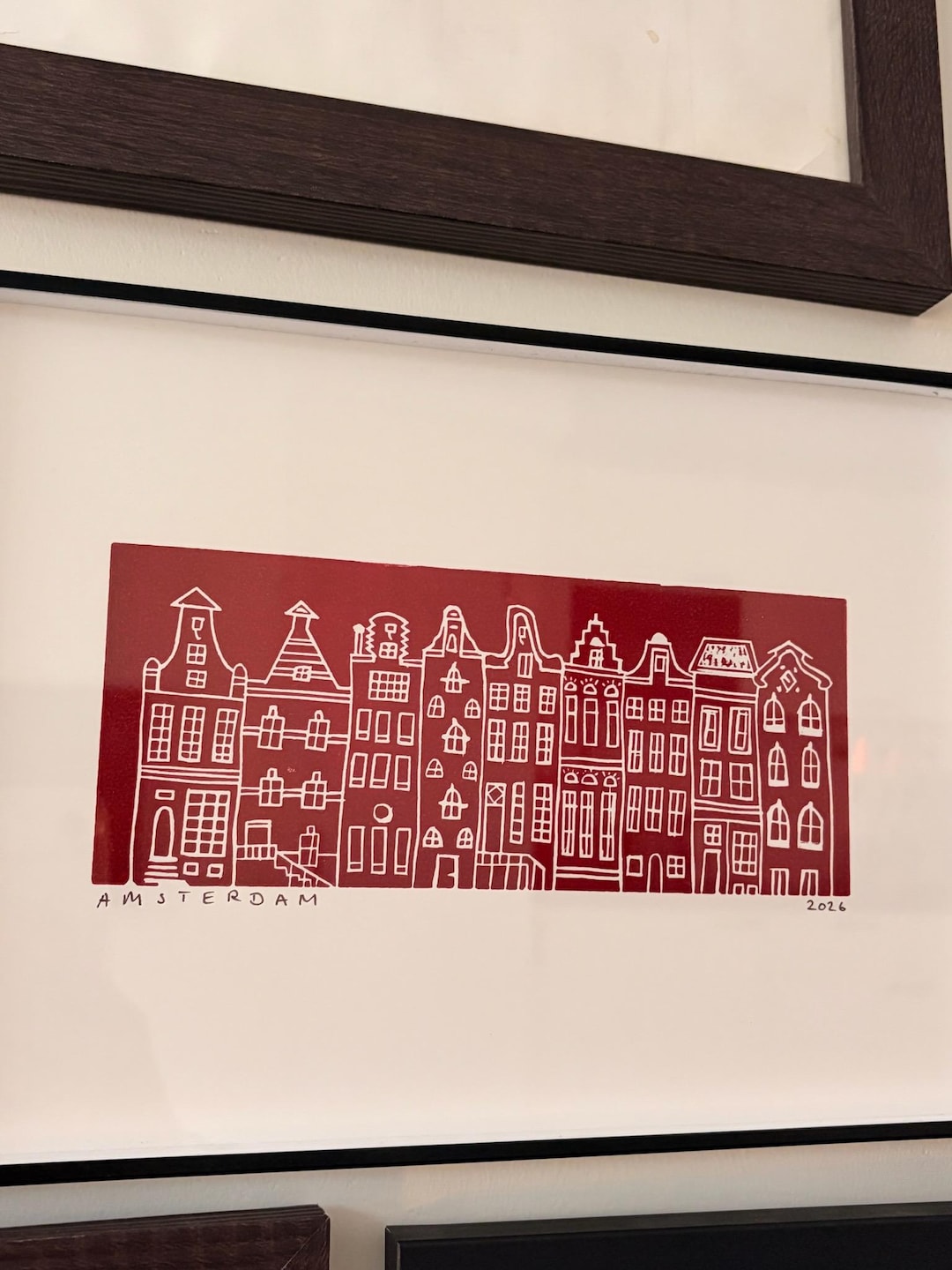 Amsterdam Canal Houses Linocut Print | Burgundy Dutch Row Houses ...