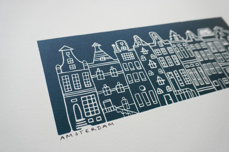 Amsterdam Canal-houses Linocut Print | Handmade Teal Block Print ...
