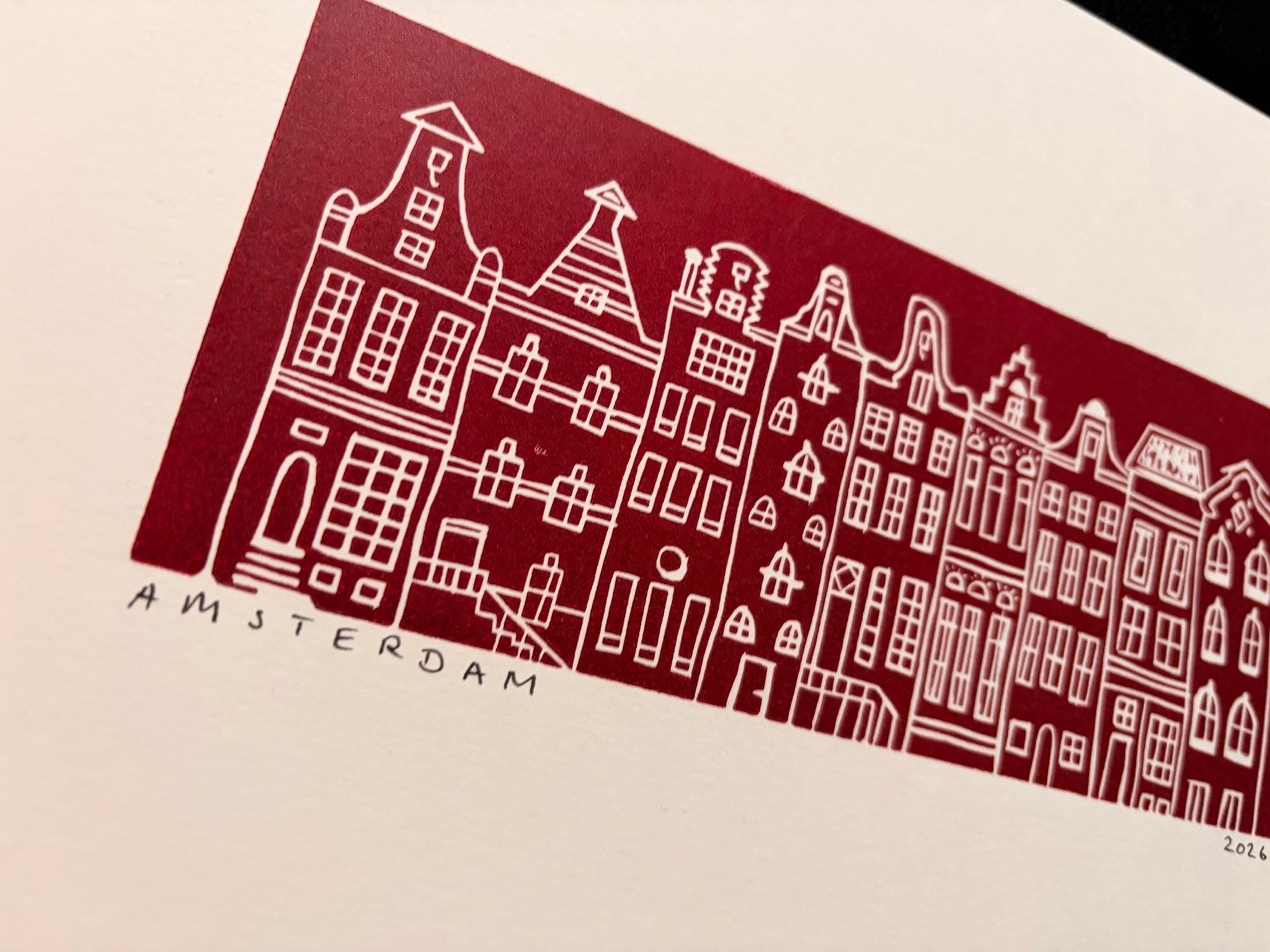 Amsterdam Canal Houses Linocut Print | Burgundy Dutch Row Houses ...