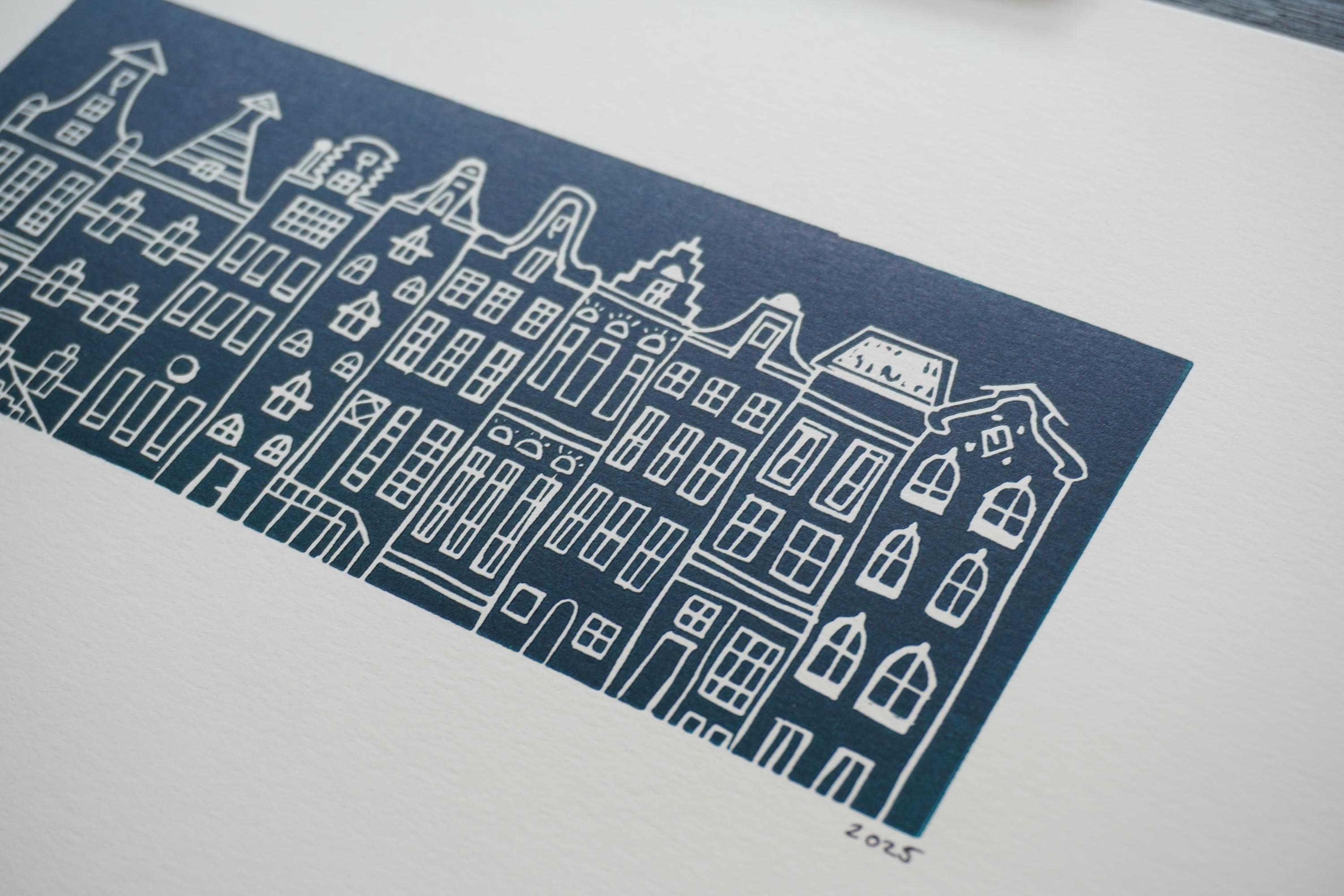 Amsterdam Canal-houses Linocut Print | Handmade Teal Block Print ...