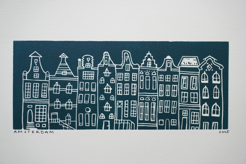 Amsterdam Canal-houses Linocut Print | Handmade Teal Block Print ...