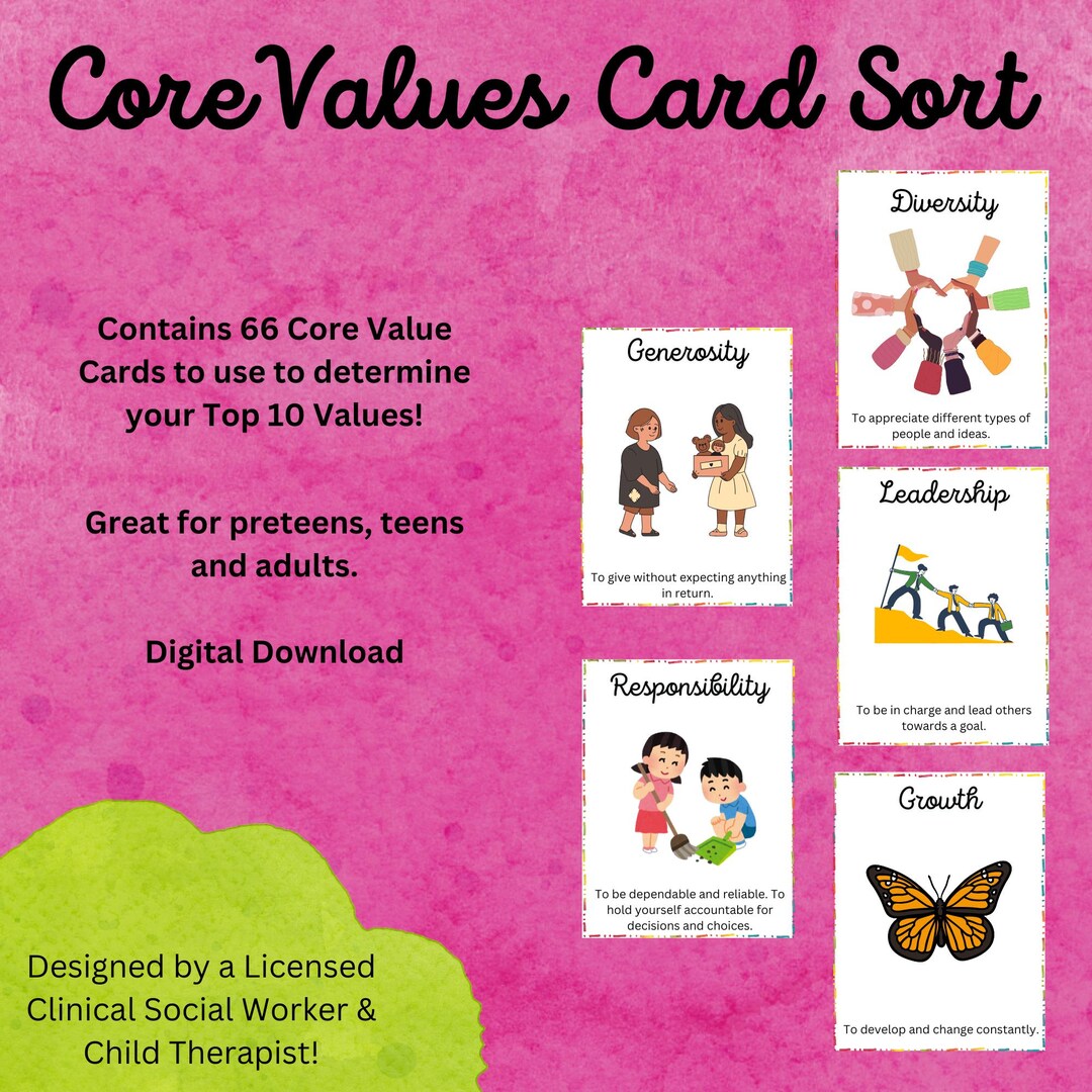 Core Values Sort Cards, ACT Therapy, Acceptance Commitment Therapy ...