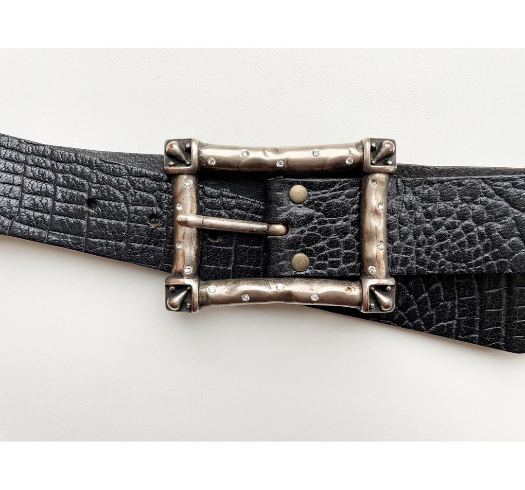 Vintage Black Embossed Leather Belt, Solid Metal Buckle With ...