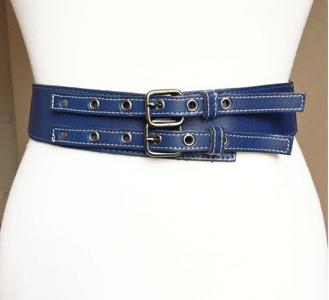 Expresso L XL Double Buckle Contrast Stitched Blue Vintage Leather Belt ...