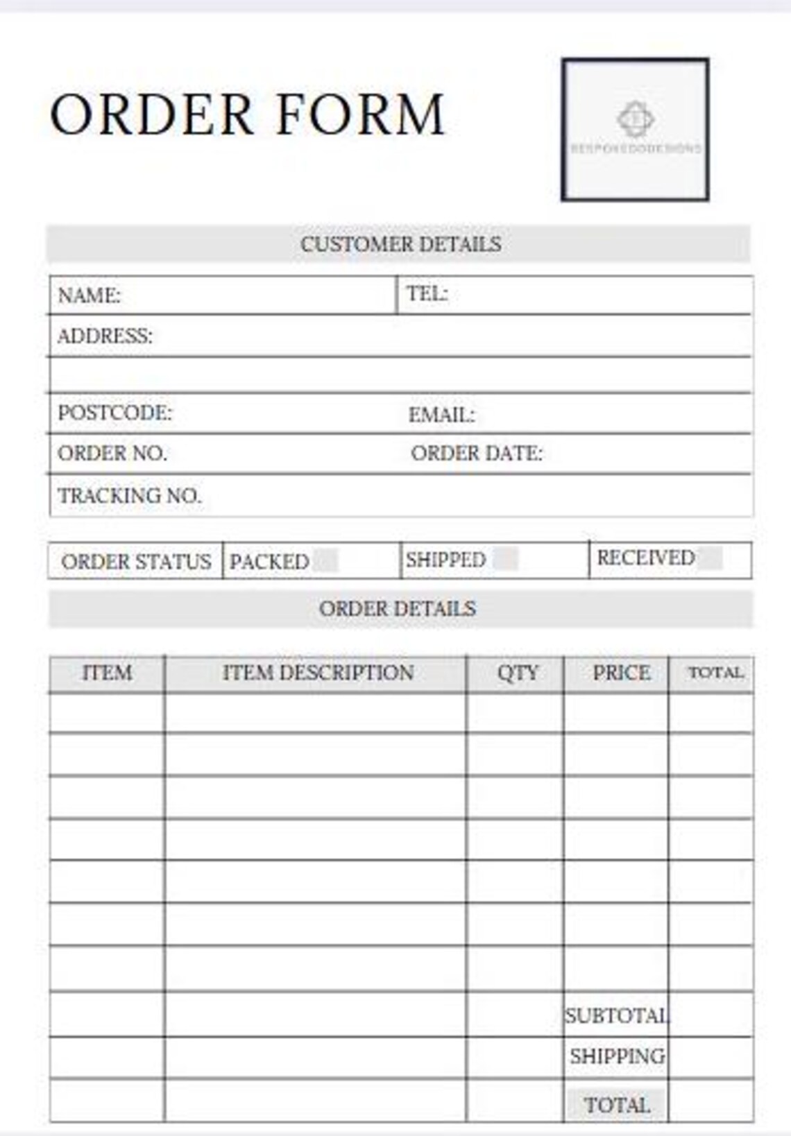 Editable Order Form, Order Form Template, Instant Download, Printable ...