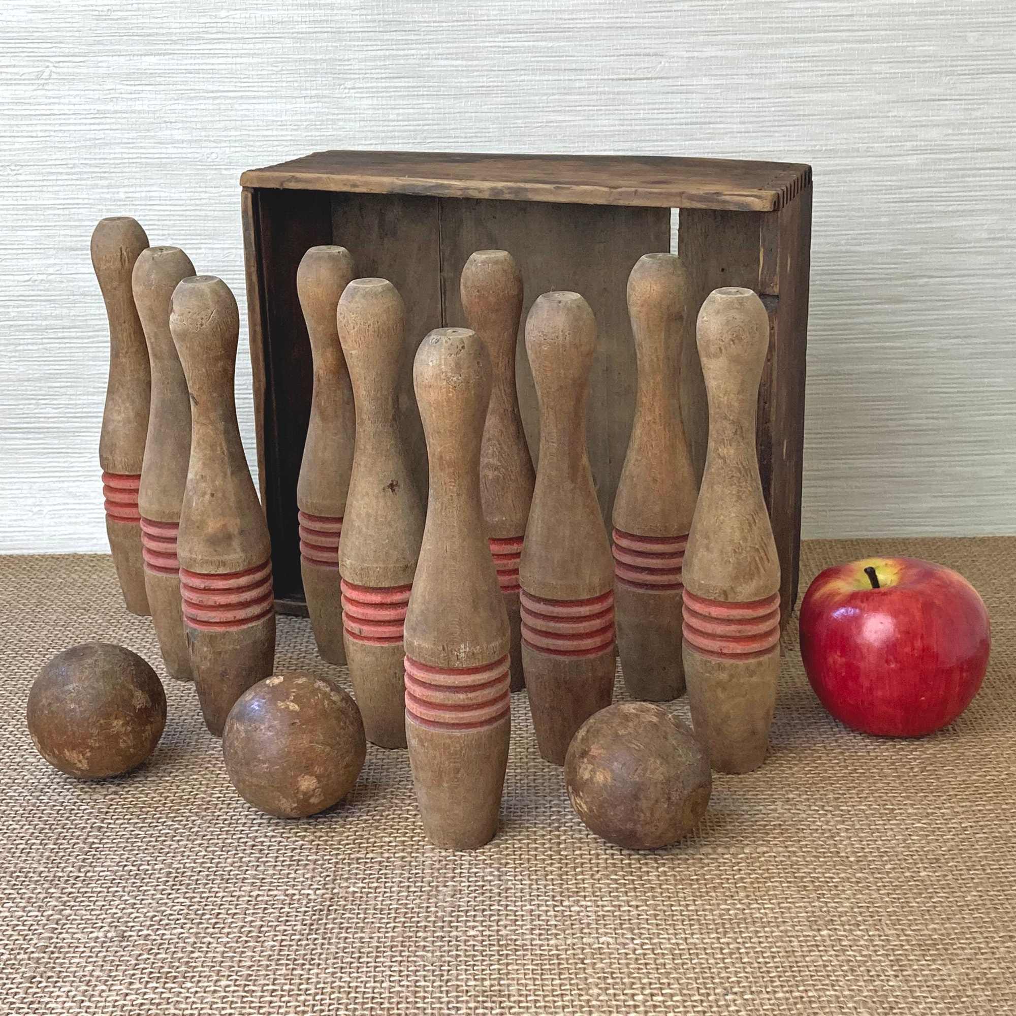 Tabletop Wooden Ten Pins Bowling Game Set Antique Primitive Skittles ...