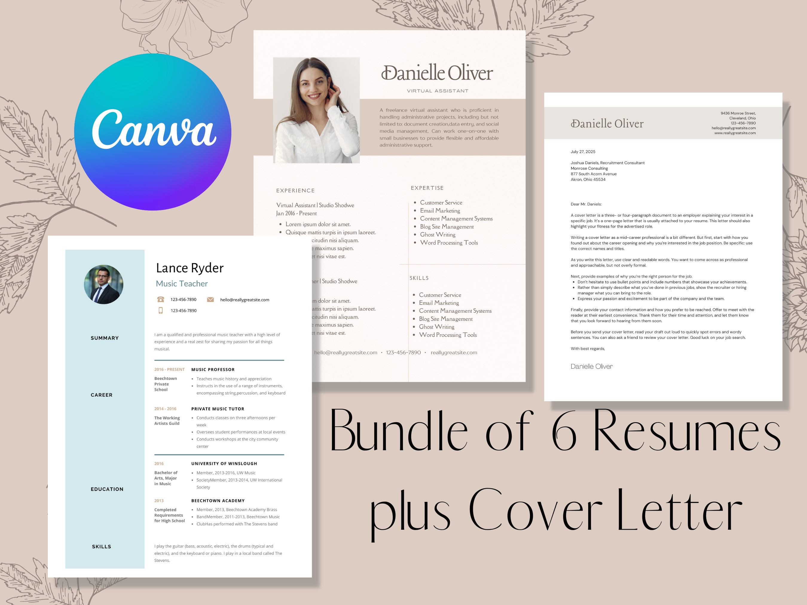 Resume Bundle of 6 Plus Cover Letter Canva Template Digital Download - Etsy