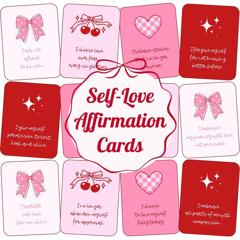 Printable Self-love Affirmation Cards With Pink Bow Graphics (digital ...