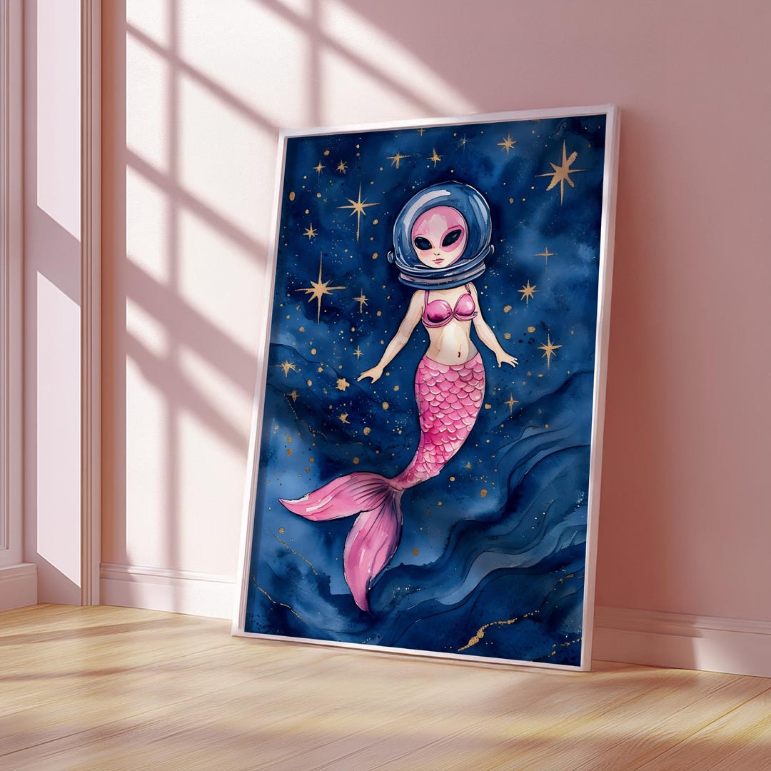 Alien Mermaid Poster – Pink Space Mermaid Art – Cosmic Mermaid Wall Art ...