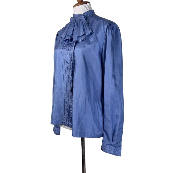 Vintage 80s Shapely Blue Ruffle Neck Blouse L - Gem