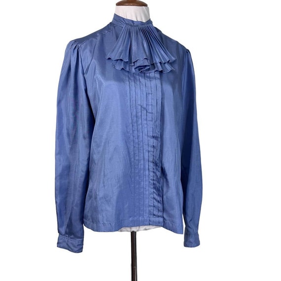 Vintage 80s Shapely Blue Ruffle Neck Blouse L - Gem