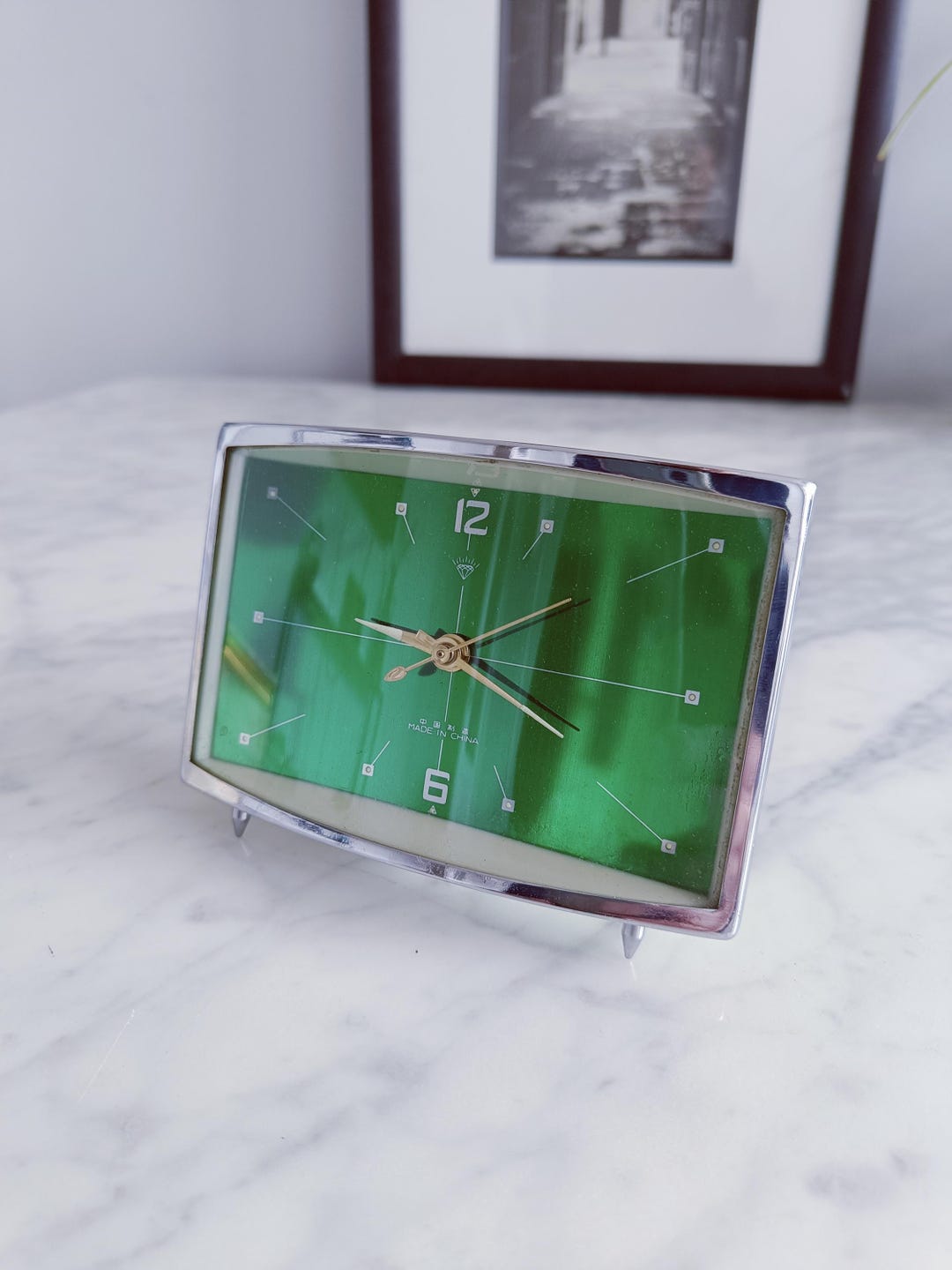 DIAMOND, Green Mid Century Chrome Table Clock / Desk Clock Made in ...