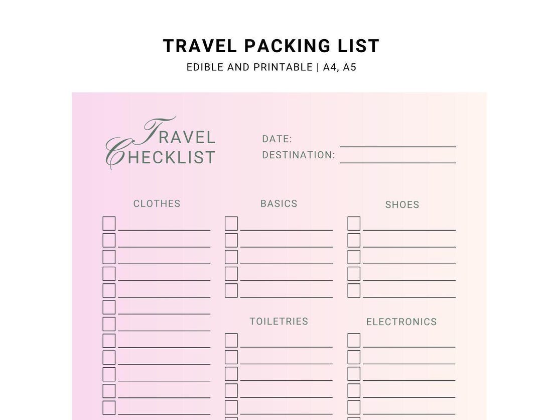 Editable Travel Packing List | Printable Travel Checklist & Planner ...