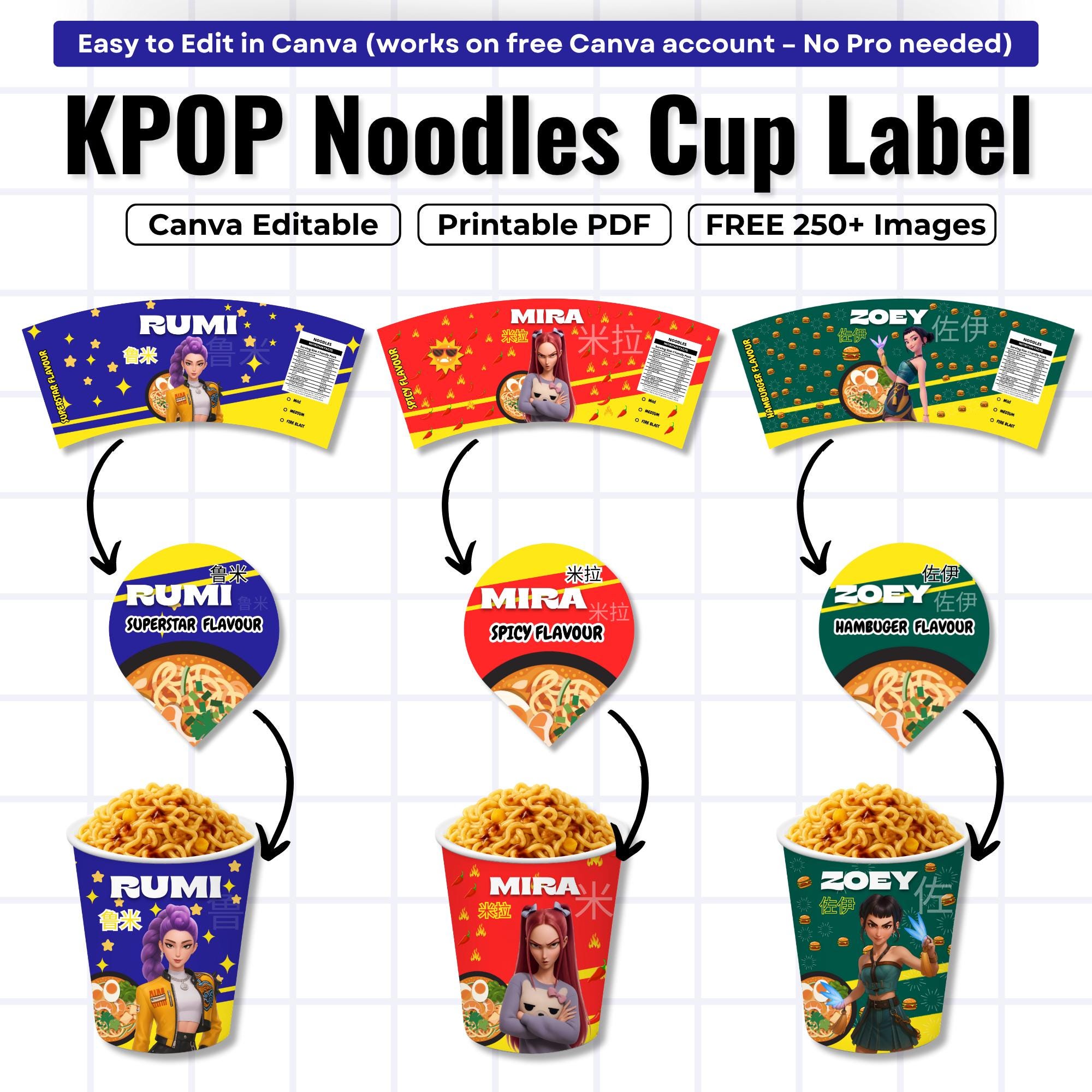 3 Kpop Demon Hunters Ramen Noodle Labels, Mira Rumi Zoey Cup Noodle ...