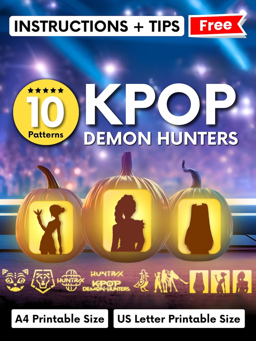 K Pop Demon Hunters Stencil, Huntrix Pumpkin Template, Pumpkin Carving Pattern, Pumpkin Carving ...