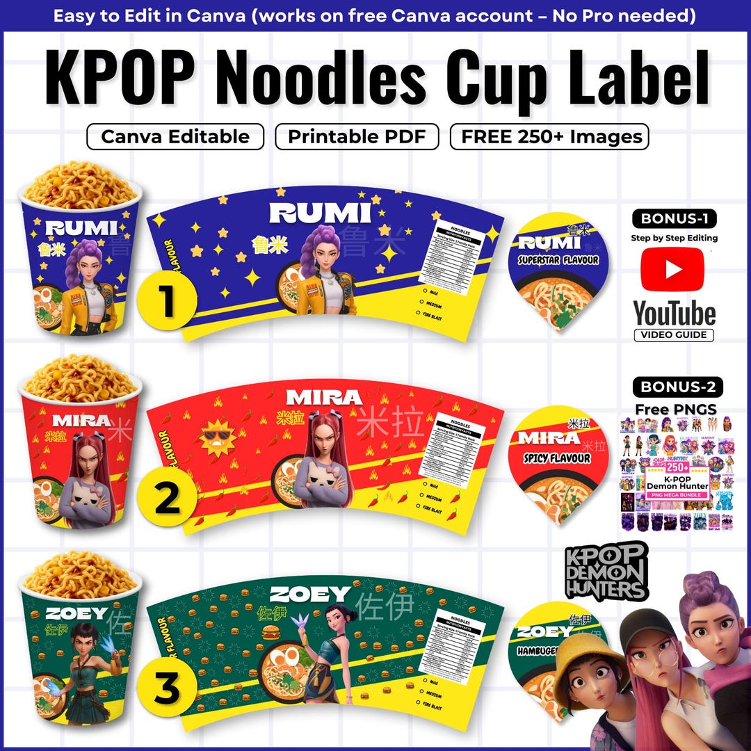 3 Kpop Demon Hunters Ramen Noodle Labels, Mira Rumi Zoey Cup Noodle ...