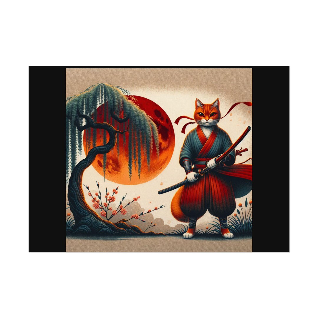 Samurai Cat Rolled Poster, Japanese Warrior Kitty Wall Art, Kitten ...
