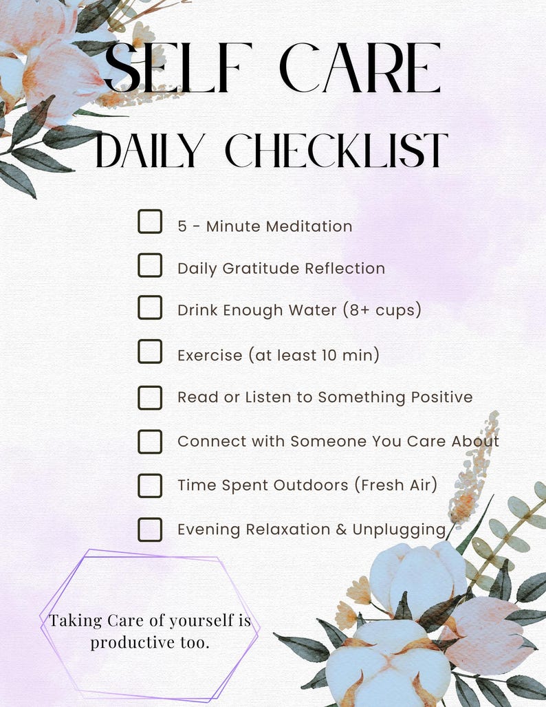 Self-care Checklist Printable PDF | Daily Wellness Planner | Instant ...