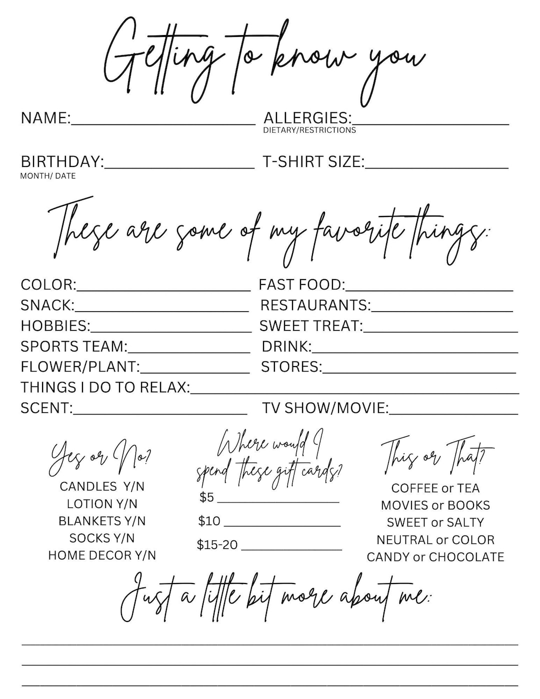 Getting to Know You Form- Printable PDF- INSTANT DOWNLOAD - Etsy