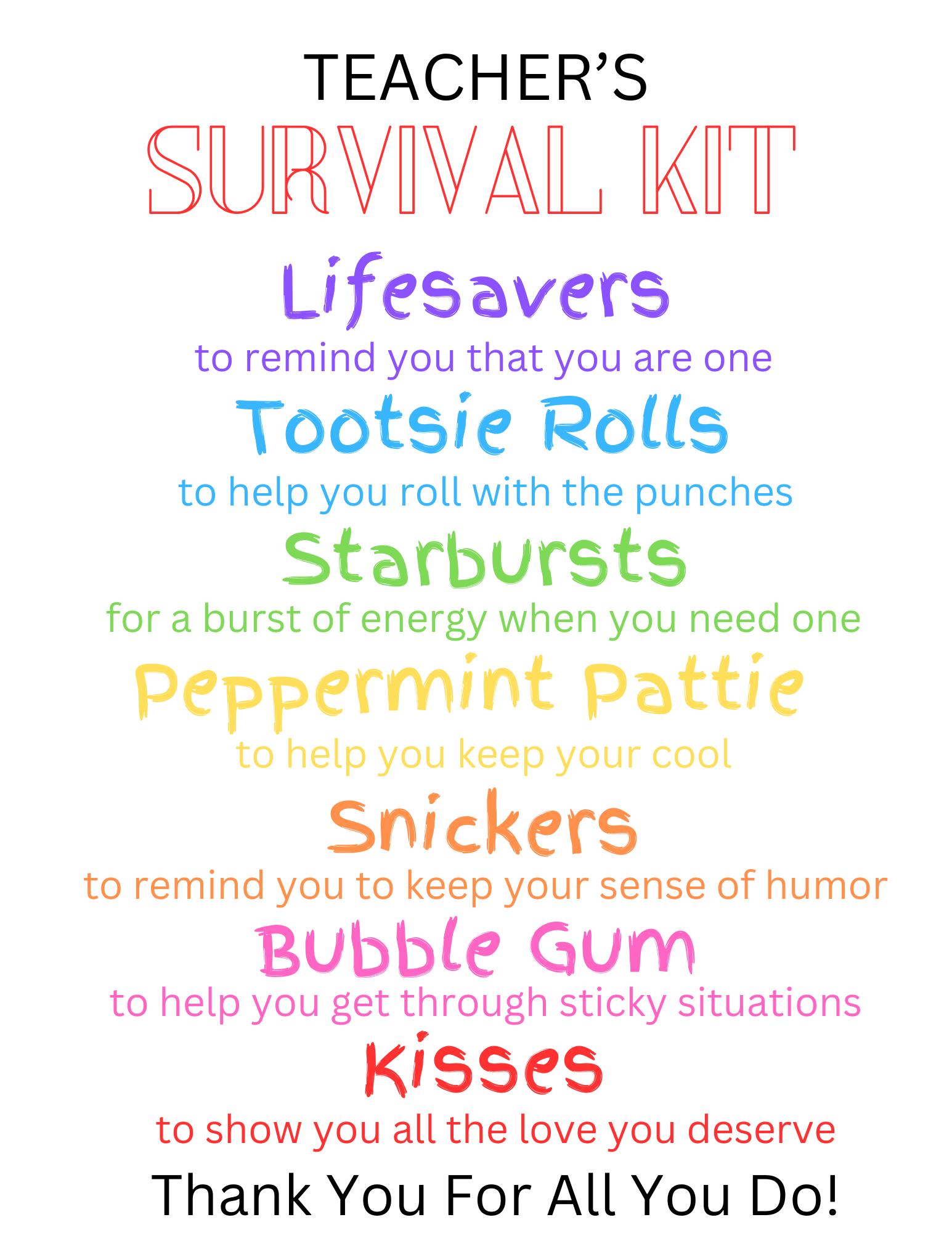 Teacher Appreciation Survival Kit Tag- Printable PDF- INSTANT DOWNLOAD ...