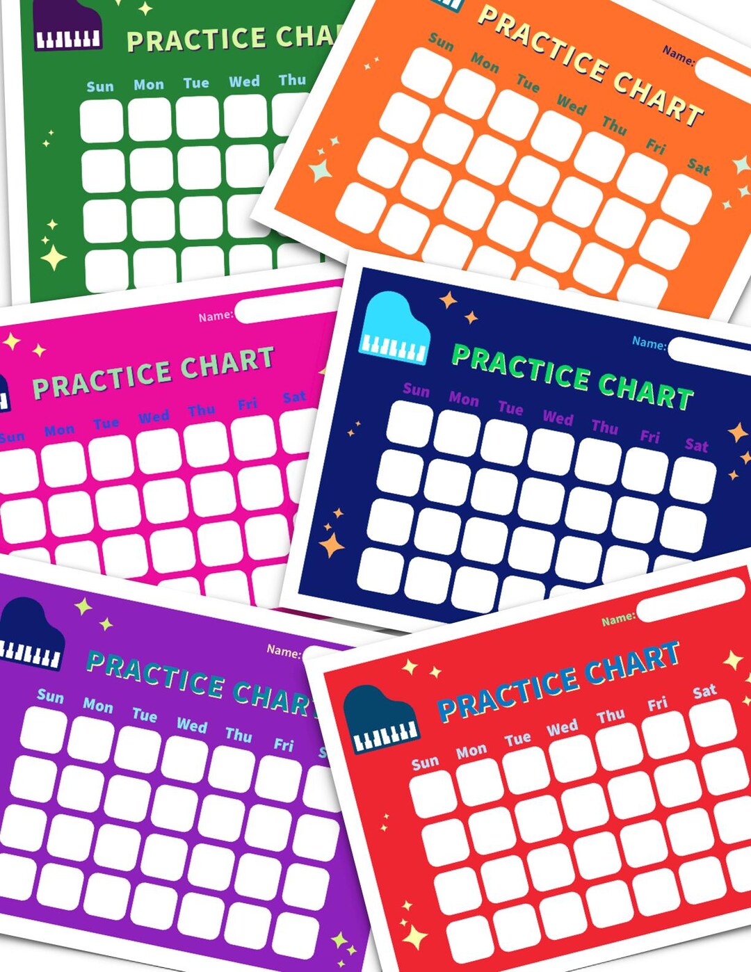 Monthly Piano Practice Charts- Bold Color Set - Etsy