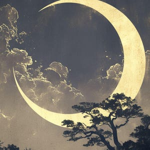 Golden Crescent Moon – Japanese Minimalist Landscape Art Printable - Etsy