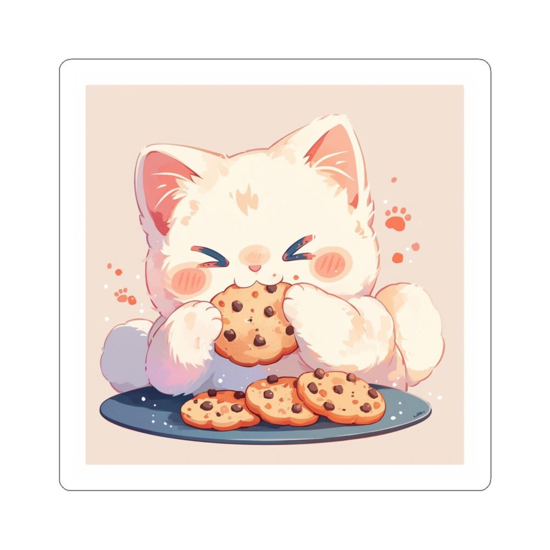 White cat eating cookie Kiss-Cut Stickers, Cat Lover Gifts, Laptop ...