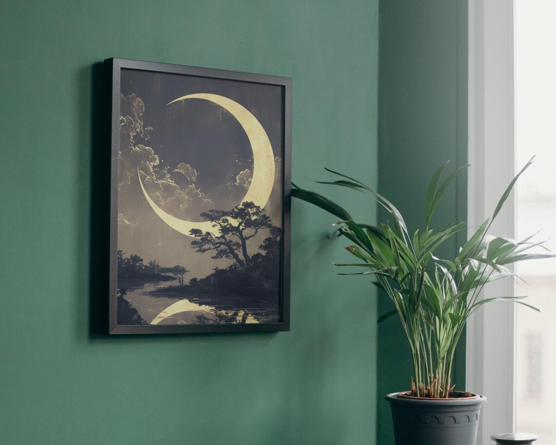 Golden Crescent Moon – Japanese Minimalist Landscape Art Printable - Etsy