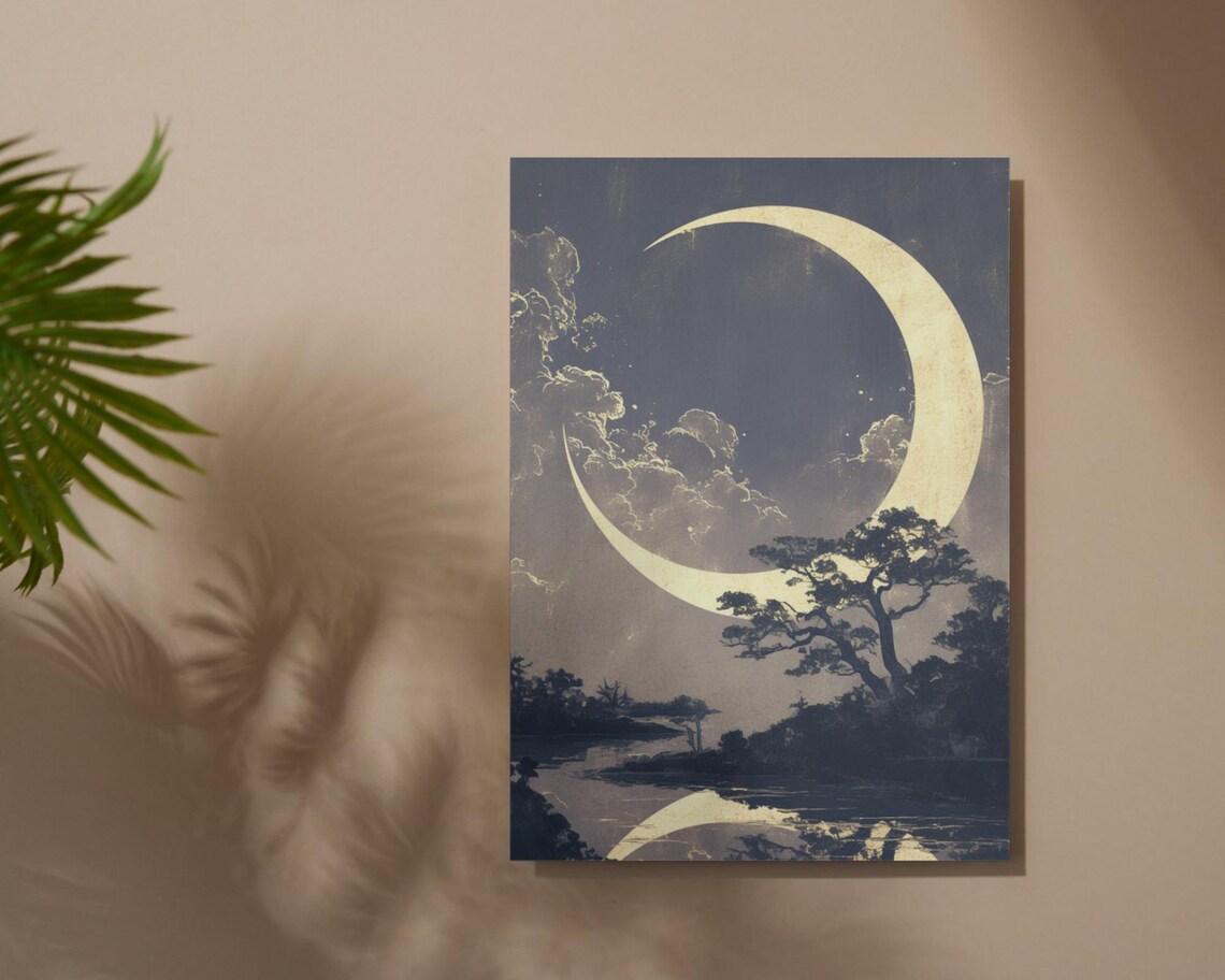 Golden Crescent Moon – Japanese Minimalist Landscape Art Printable - Etsy